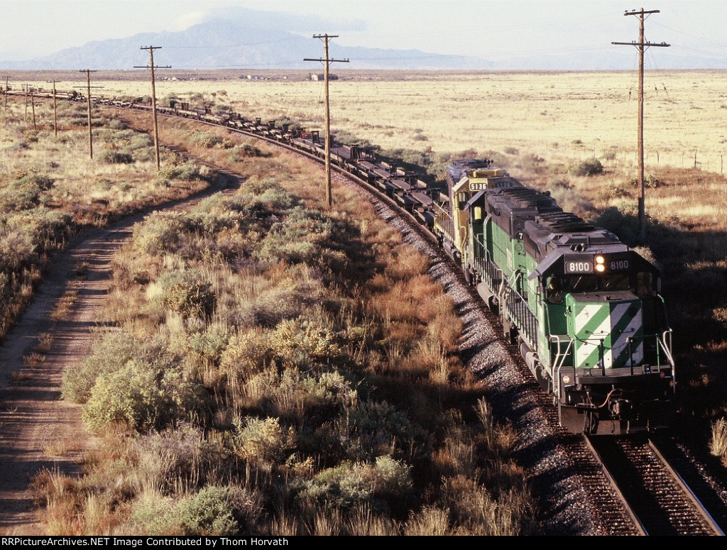 BN 8100 leads two unidentified diesels and a long string of bare tables